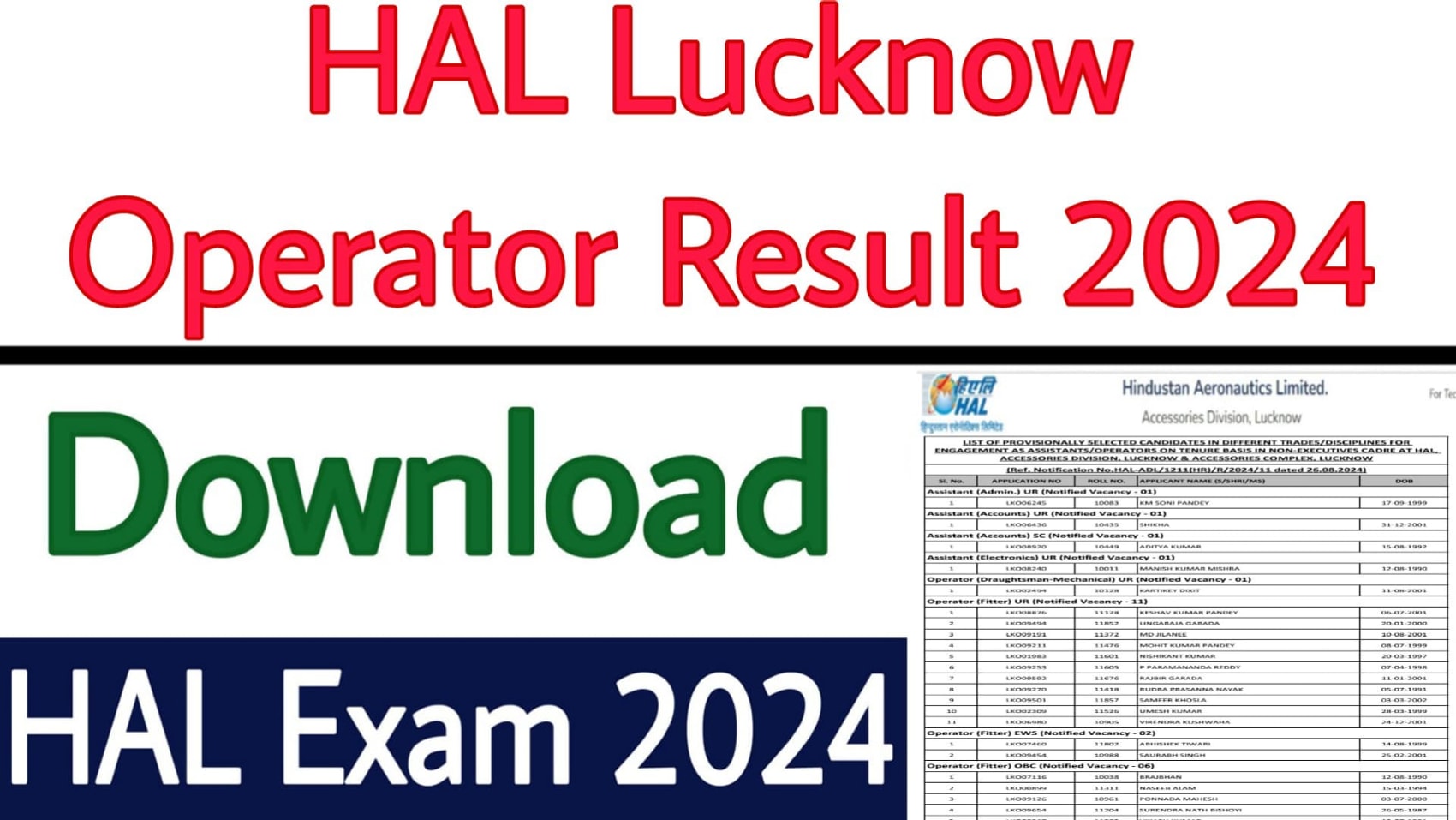 HAL Lucknow Operator Result 2024 - ITIEducation.co.in